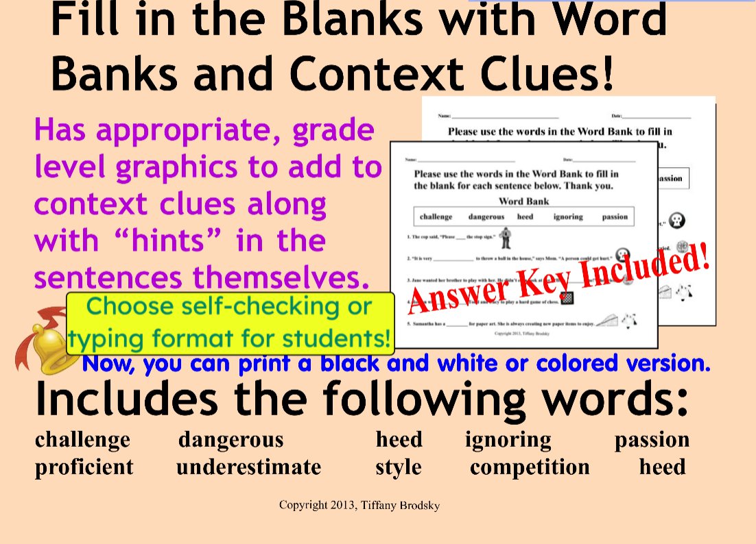 Reading: Fill In the Blanks with Context Clues Vocabulary Sentences in PDF