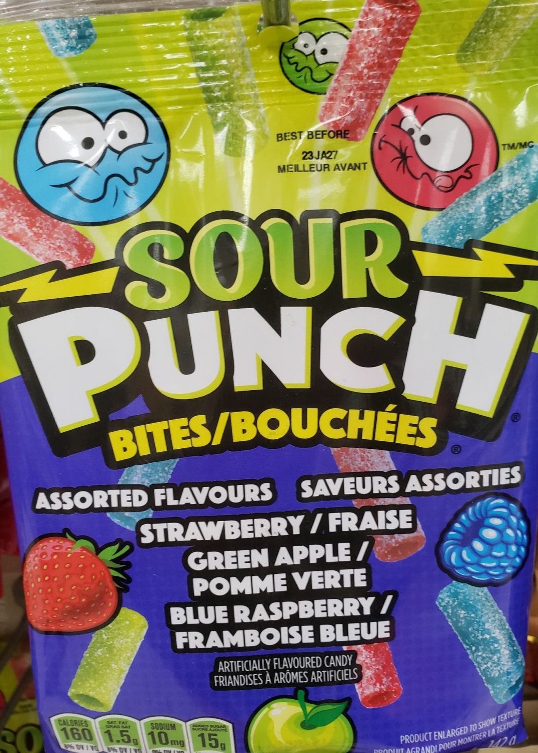 10 X Sour Punch Bites Assorted Flavours Strawberry/ Green Apple/ Blue ...