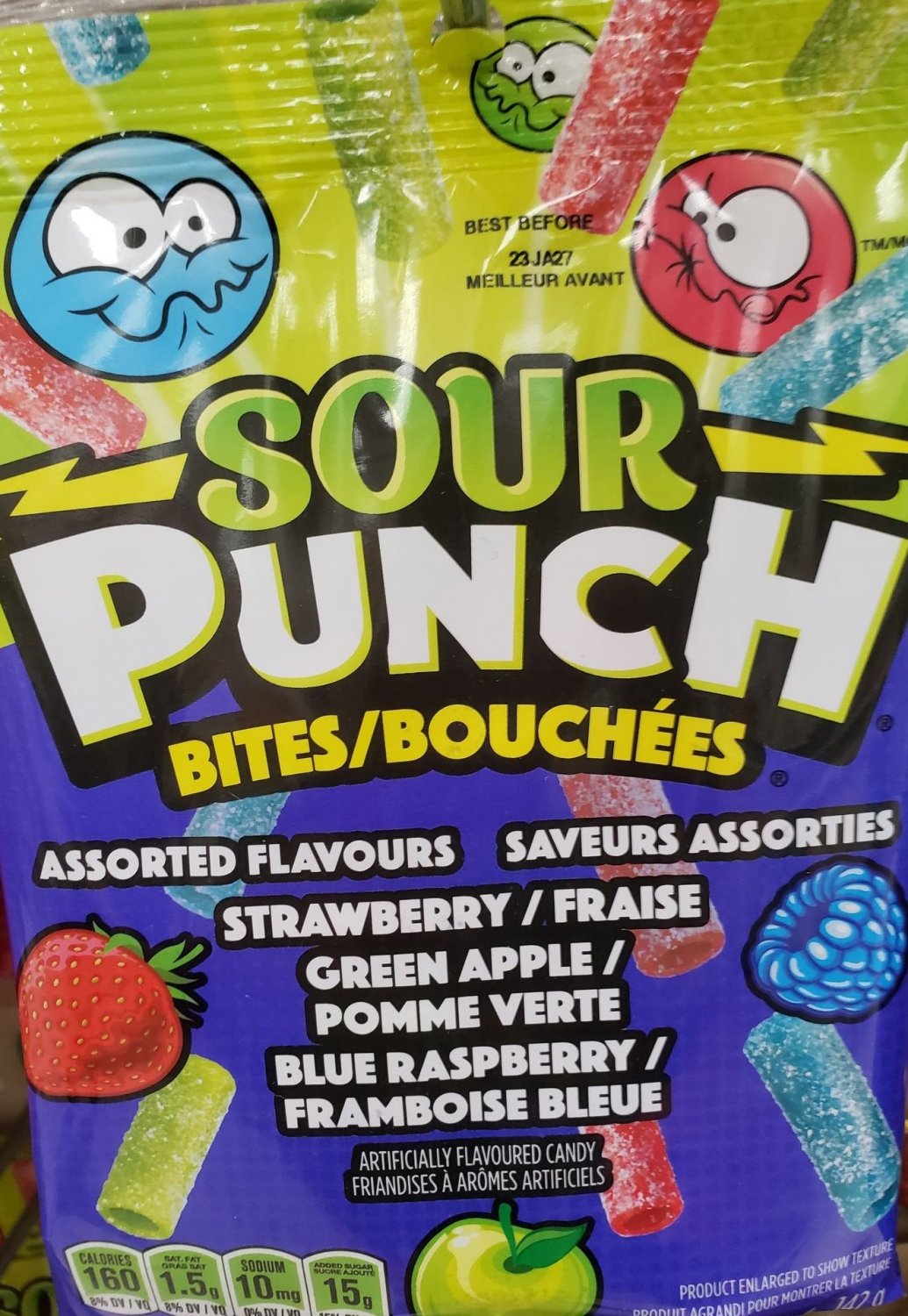 10 X Sour Punch Bites Assorted Flavours Strawberry/ Green Apple/ Blue ...