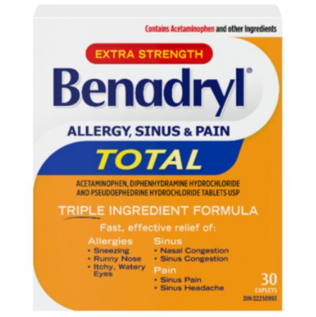 2 X Benadryl Extra Strength Total Allergy, Sinus & Pain Medicine 25 mg ...