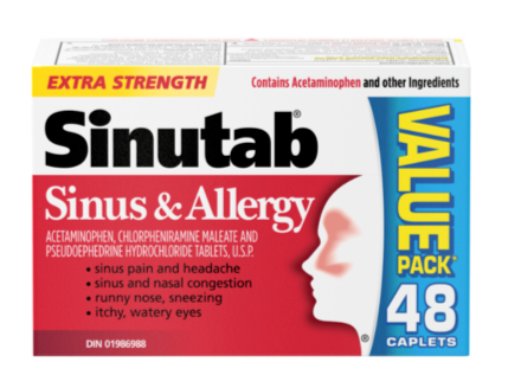 Sinutab Extra Strength Sinus and Allergy Caplet - 48 Caplets Pack (Pack ...