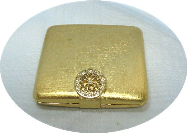 Vintage Brushed Gold Tone Avon Powder Compact w/Rhinestone Circle Clasp ...