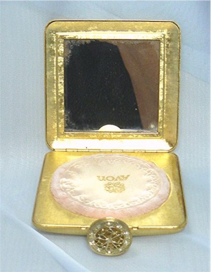 Vintage Brushed Gold Tone Avon Powder Compact w/Rhinestone Circle Clasp ...
