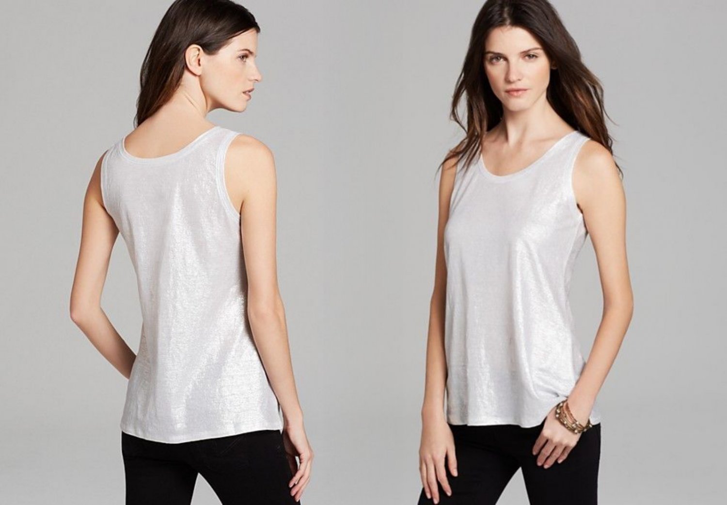 M Eileen Fisher Silver U Neck Long Tank Top Medium NWT Linen Jersey Shimmer
