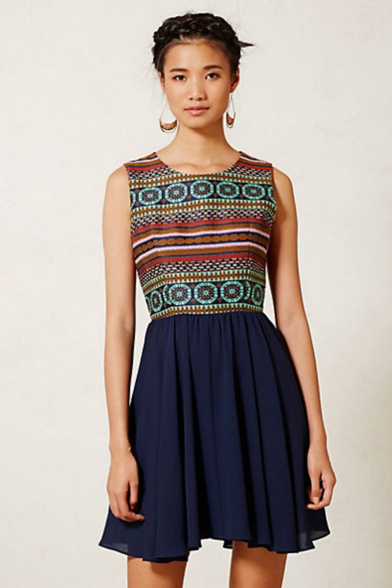 8 Anthropologie Winola Dress Medium Blue Motif by Nomad Morgan Carper