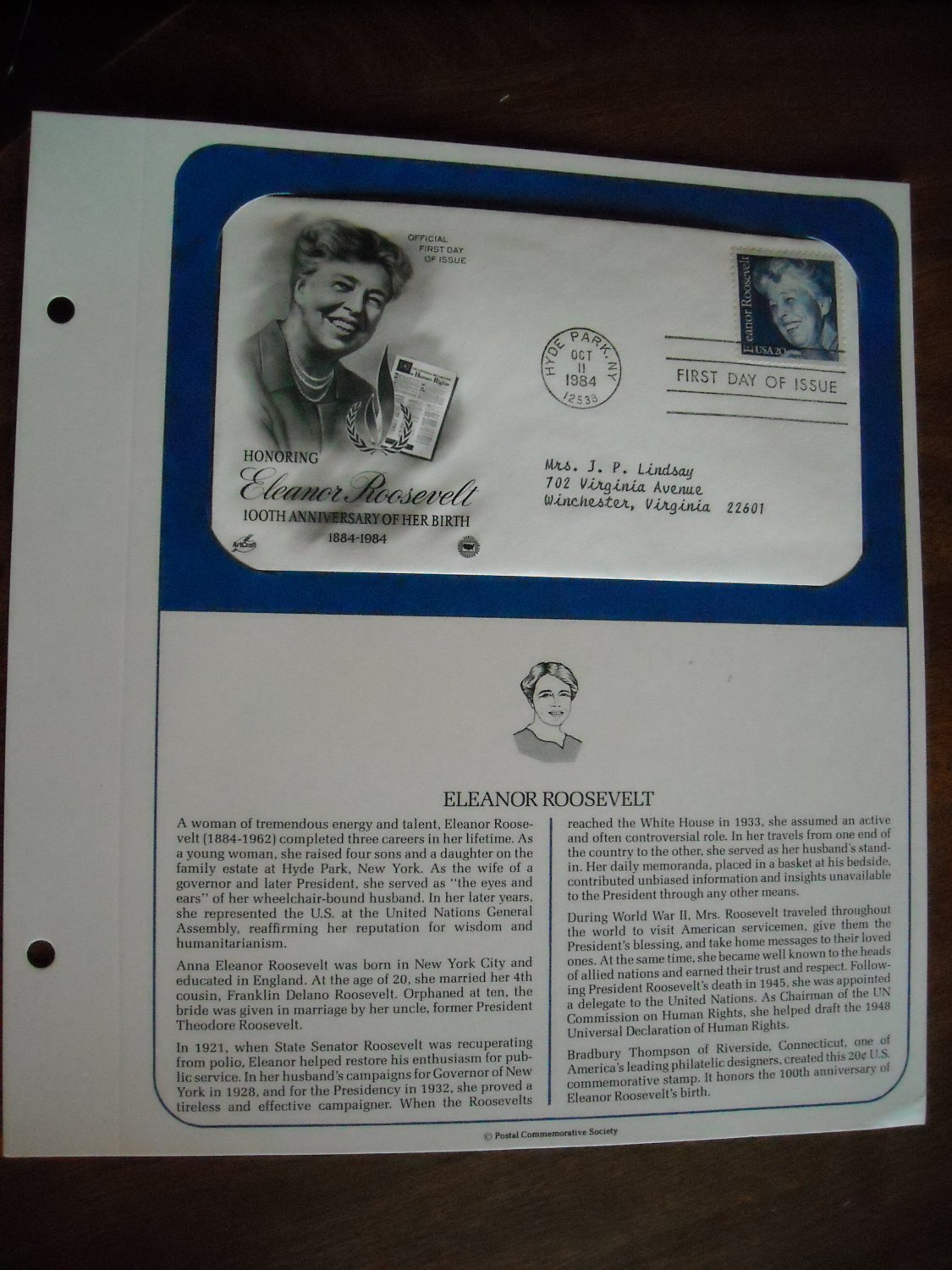 Honoring Eleanor Roosevelt 1984 Postal Commemorative Society First Day ...