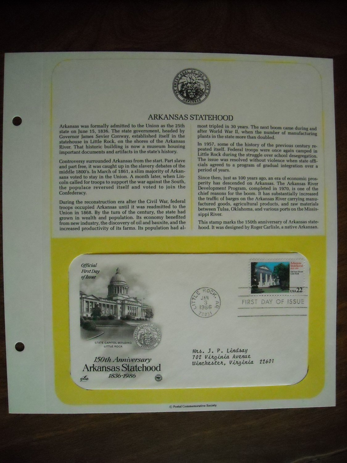 150th Anniversary Arkansas Statehood 1836 - 1986 Postal Commemorative ...