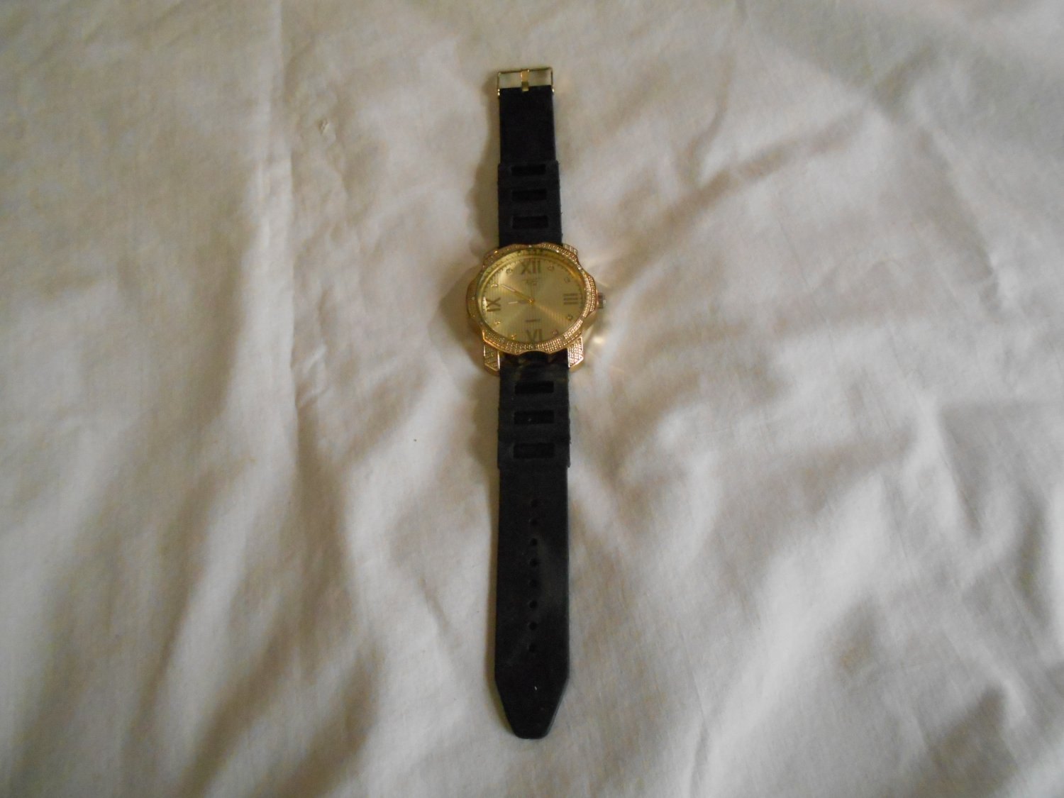 Techno Pave No. 8674 Quartz Water Resistant Watch Black Band Gold Face ...