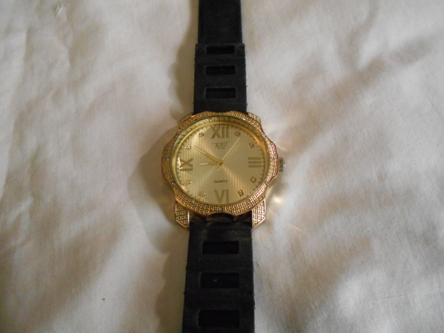 Techno Pave No. 8674 Quartz Water Resistant Watch Black Band Gold Face ...