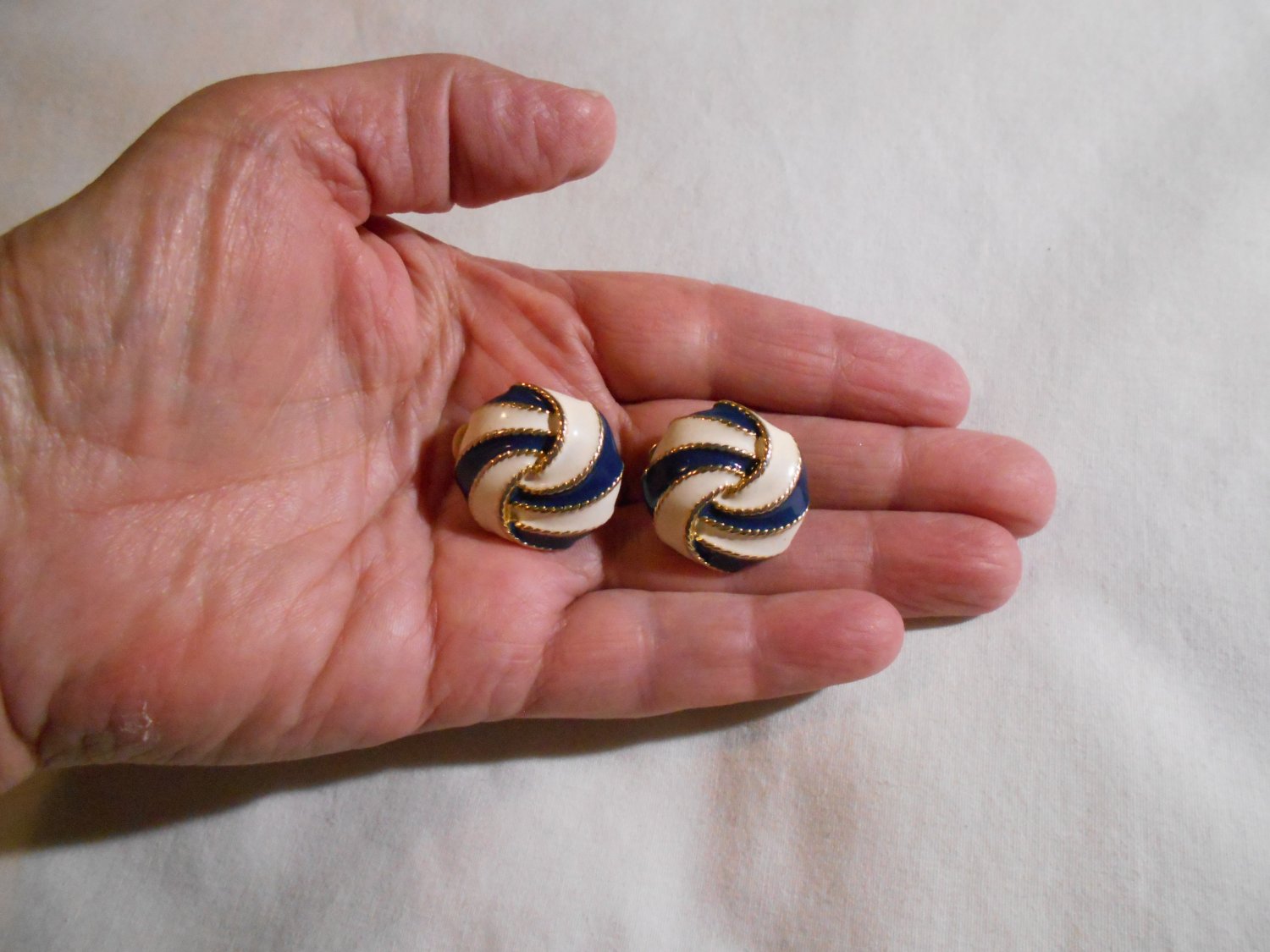 Blue and White Enamel Knot with Gold Trim Clip On Earrings (CO1)
