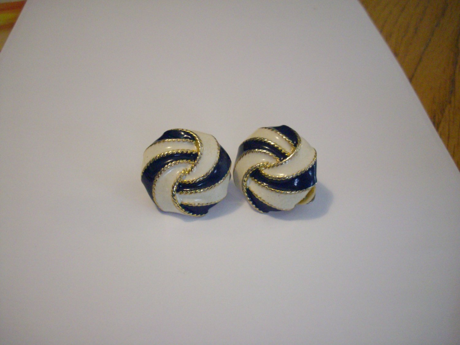 Blue and White Enamel Knot with Gold Trim Clip On Earrings (CO1)