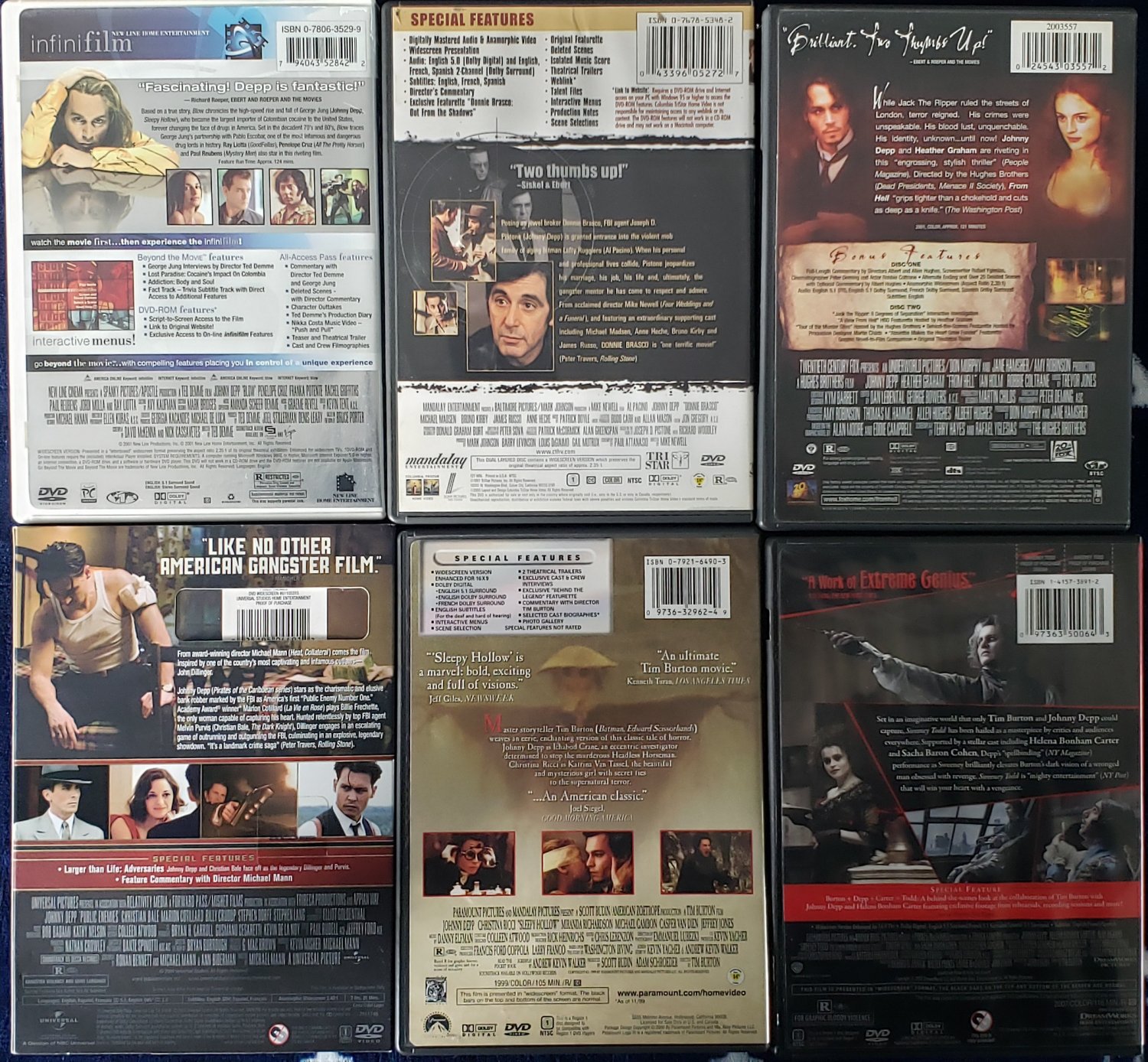 LOT OF 6 JOHNNY DEPP DVD MOVIES BLOW DONNIE BRASCO FROM HELL SWEENEY TODD