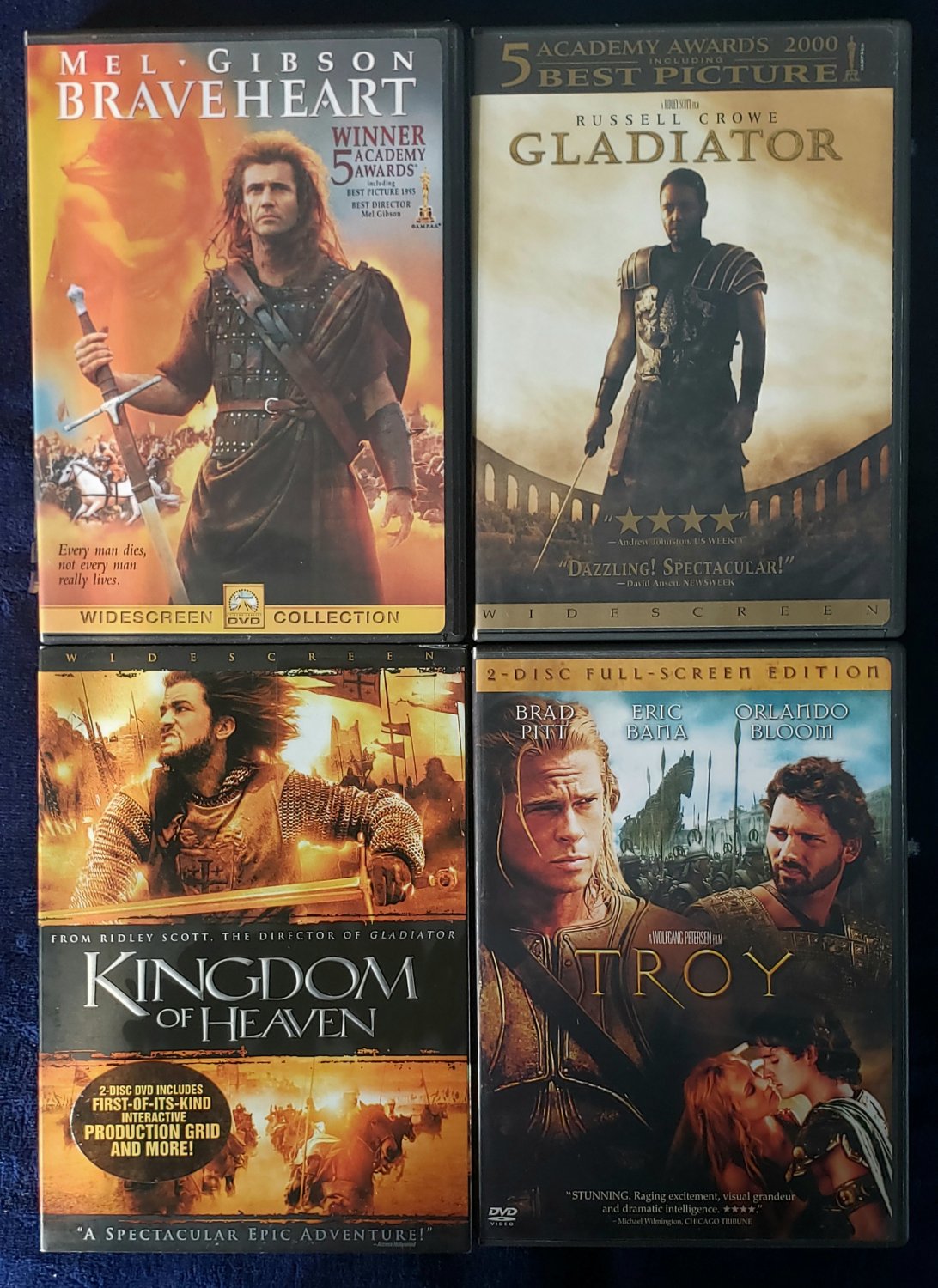 LOT OF 4 ACTION MOVIES BRAVEHEART GLADIATOR KINGDOM OF HEAVEN TROY ...