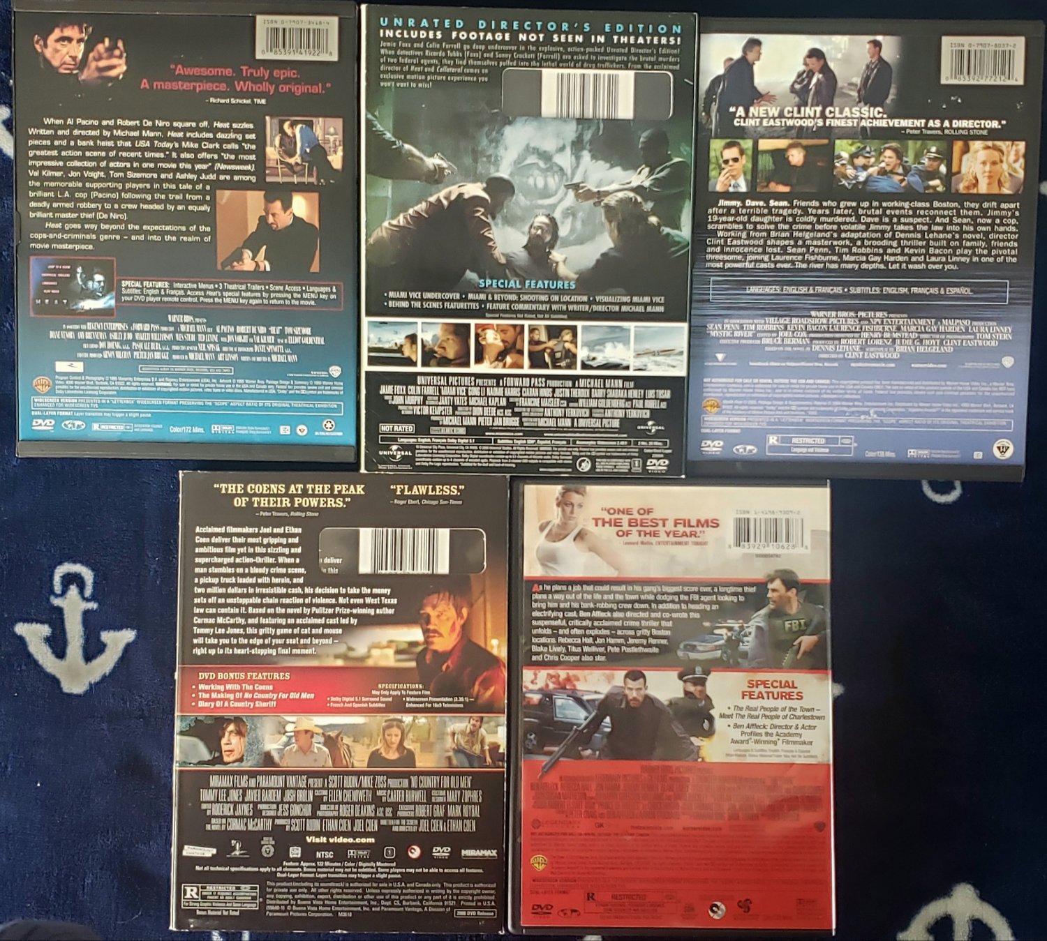 LOT OF 5 CRIME DVDs HEAT MIAMI VICE MYSTIC RIVER NO COUNTRY FOR OLD MEN ...