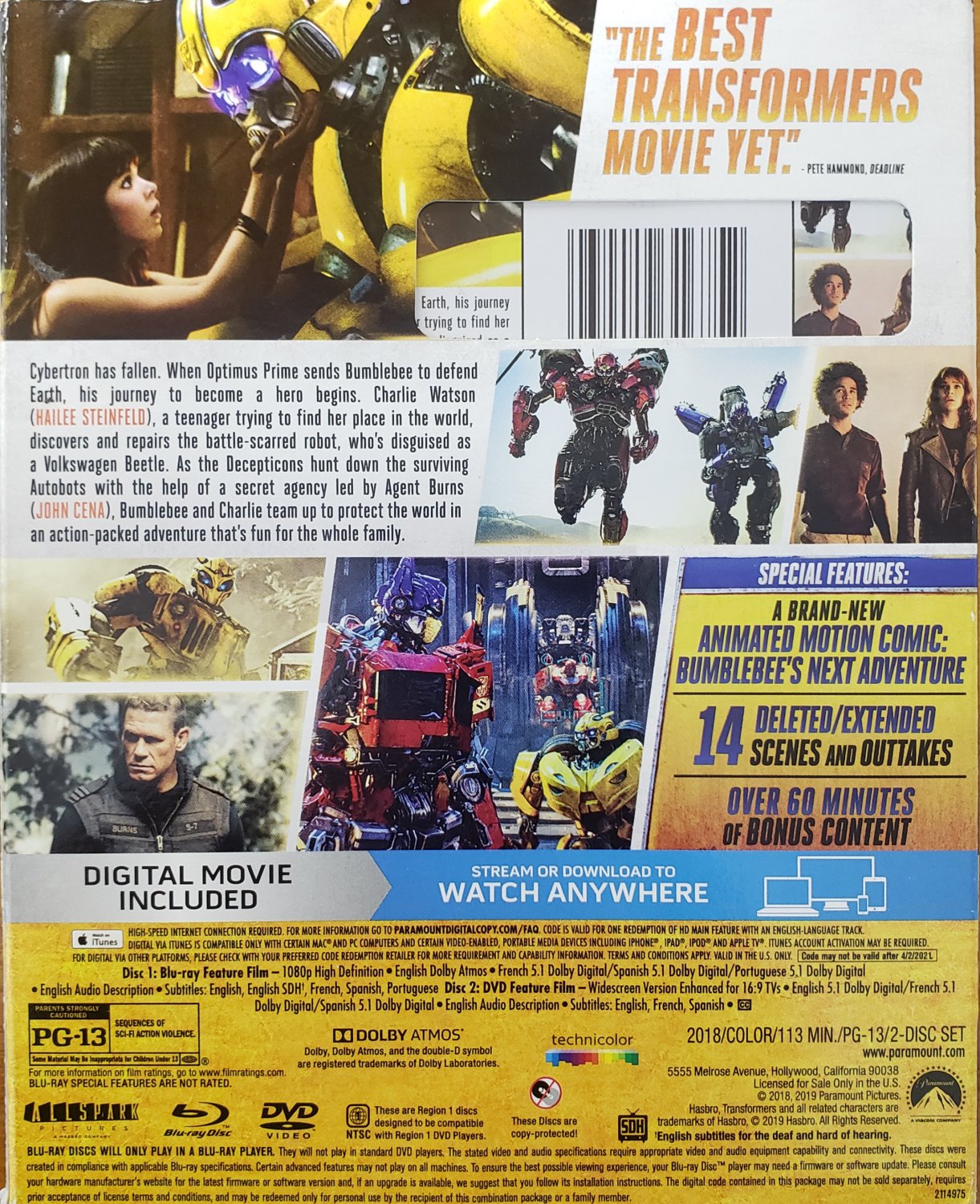 BUMBLEBEE 2018 BLU-RAY+DVD HAILEE STEINFELD JOHN CENA
