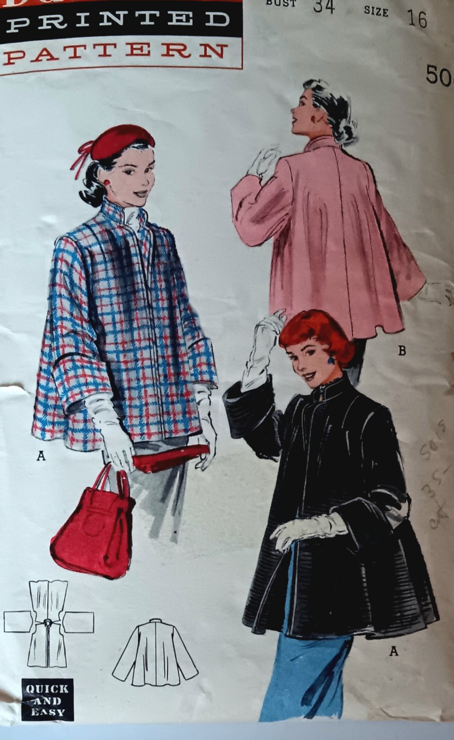 1950s Topper Jacket Sewing Pattern Swing Flared Short Coat Quick Easy ...