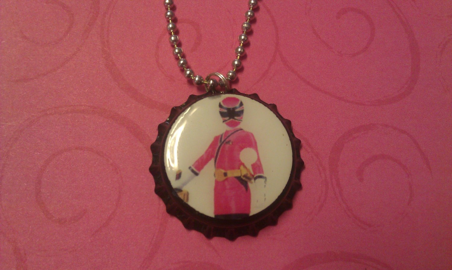 Pink Power Ranger Samurai Bottle Cap Necklace