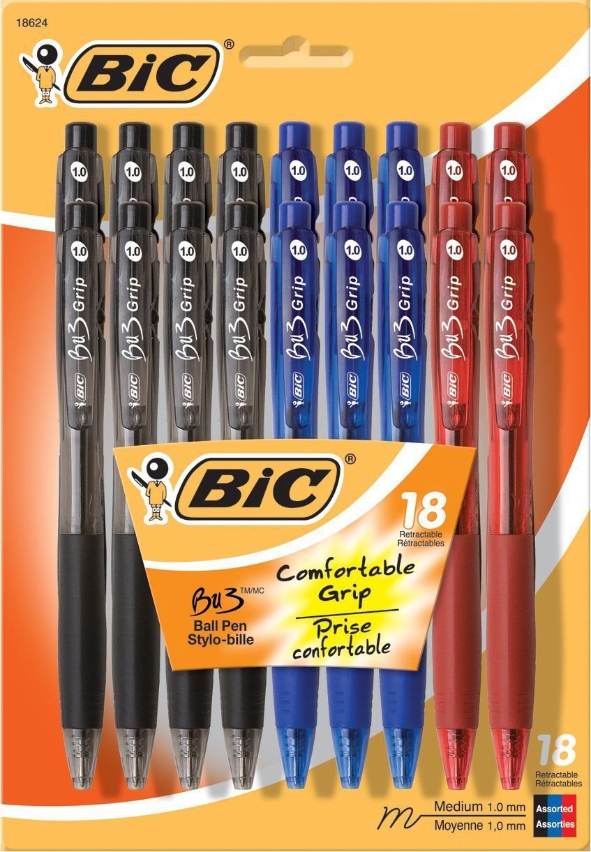 BIC BU3 Grip Ball Pen, Medium Point (1.0 mm), Assorted, 18-Count 18624
