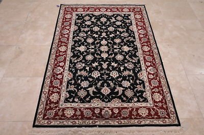 4x6 WOOL&SILK HANDMADE AREA RUG FINE BLACK RED WHITE