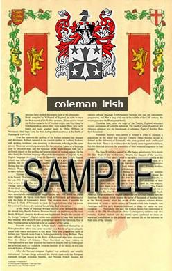 COLEMAN - IRISH - Coat of Arms - Family Crest - Armorial GIFT! 8.5x11
