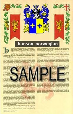 HANSON - NORWEGIAN - Coat of Arms - Family Crest - Armorial GIFT! 8.5x11