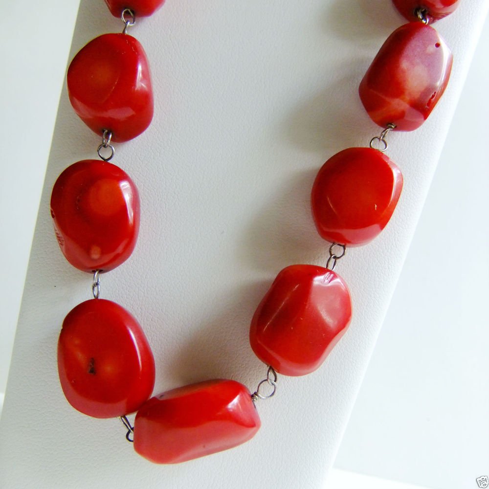 LUC Deep Red Coral and 925 Sterling Necklace Signed Fine Jewelry Vintage