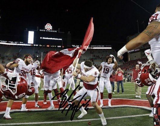 BAKER MAYFIELD WITH FLAG SIGNED PHOTO 8X10 RP AUTOGRAPHED OKLAHOMA