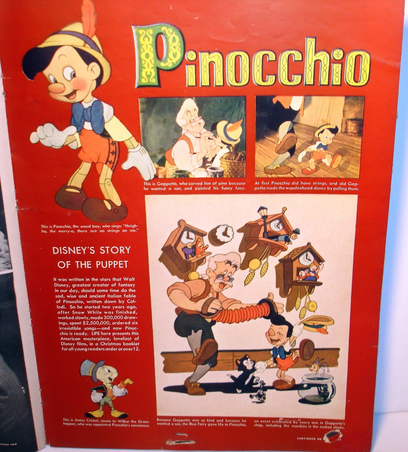 DISNEY Pinocchio PREMIERE LIFE MAGAZINE ARTICLE-VG-UNIQUE ITEM FOR A FAN