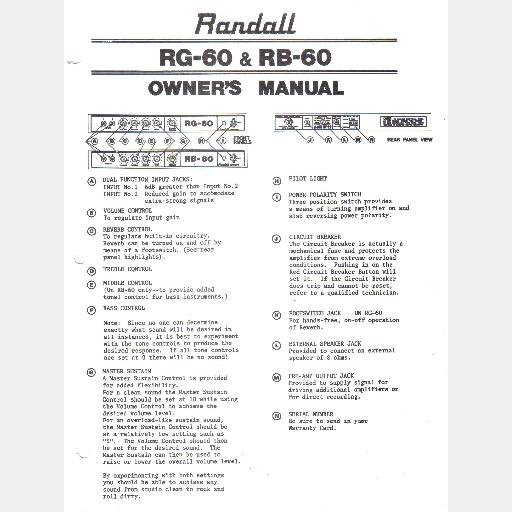 RANDALL INSTRUMENTS INC Owners Manual Schematic RG-60 RB-60 Amp Amplifier