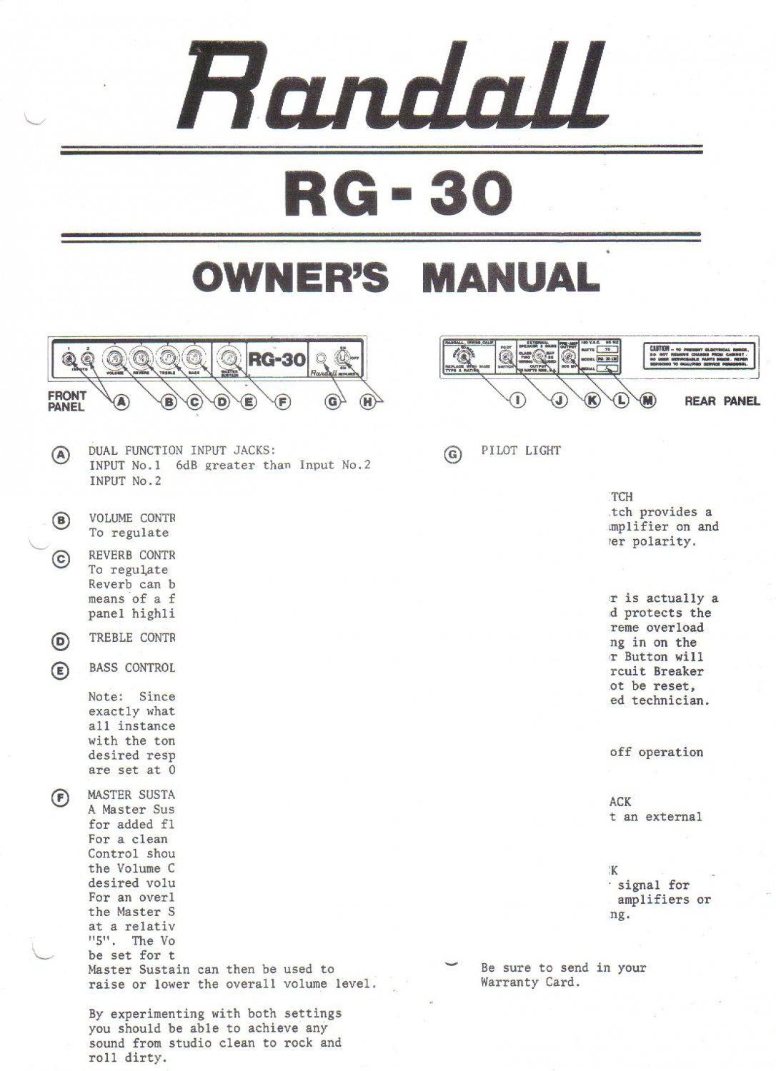 RANDALL INSTRUMENTS INC Owners Manual Schematic RG-30 Amp Amplifier