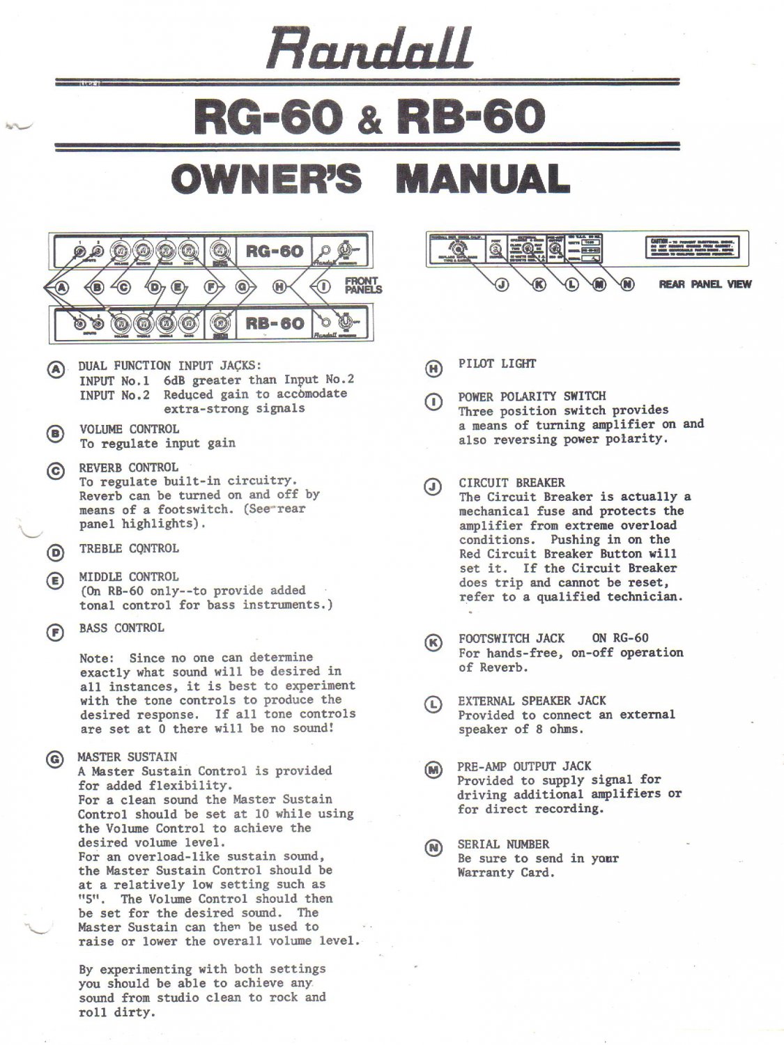 RANDALL INSTRUMENTS INC Owners Manual Schematic RG-60 RB-60 Amp Amplifier