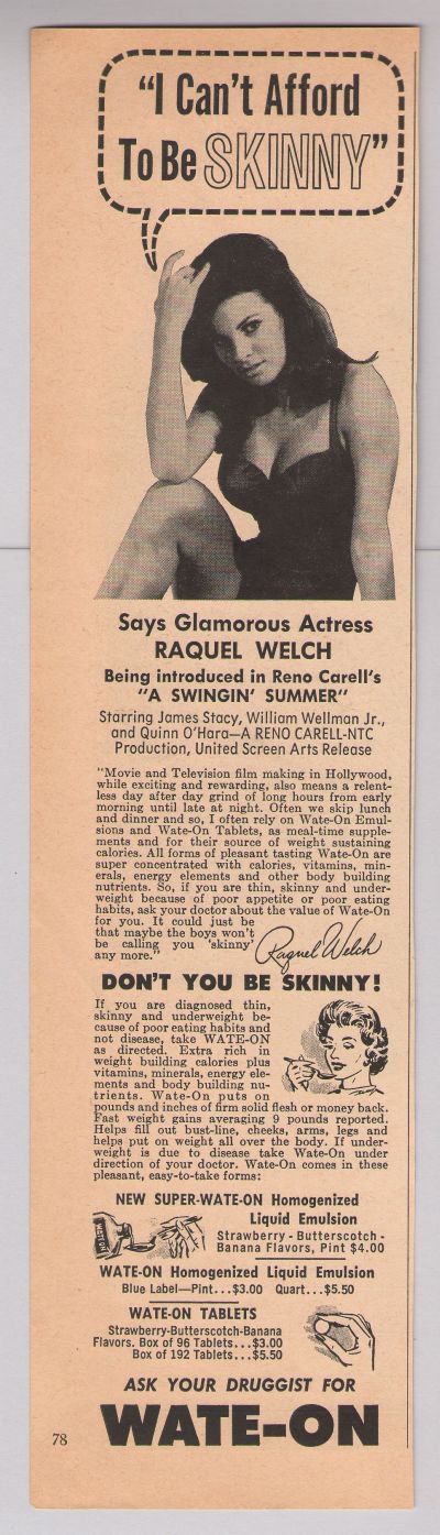 RAQUEL WELCH Wate-On PRINT AD Don't Be Skinny! weight gain '60s ...
