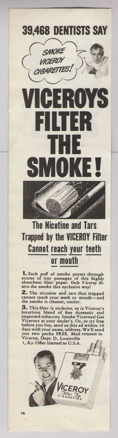 Viceroy cigarettes '40s PRINT AD dentists recommend vintage smoking ...