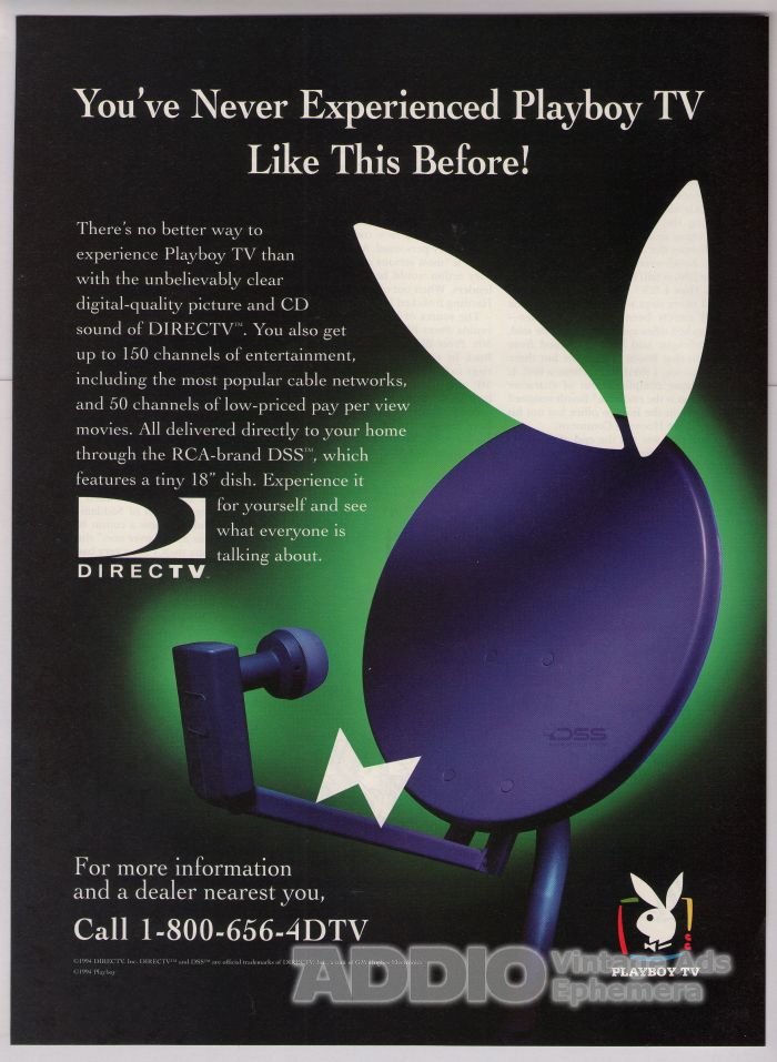 DIRECTV Playboy '90s PRINT AD bunny ears satellite dish advertisement 1994