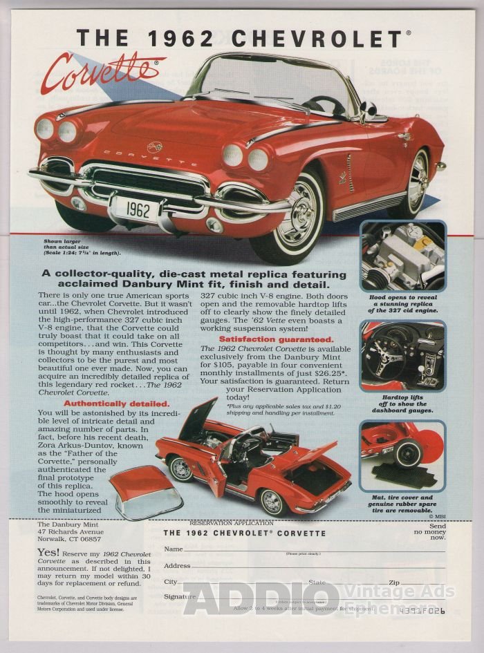 1962 Chevrolet Corvette model '90s PRINT AD Chevy Danbury Mint ...