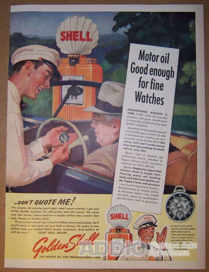 Shell motor oil '40s PRINT AD gas station pocket watch vintage ...