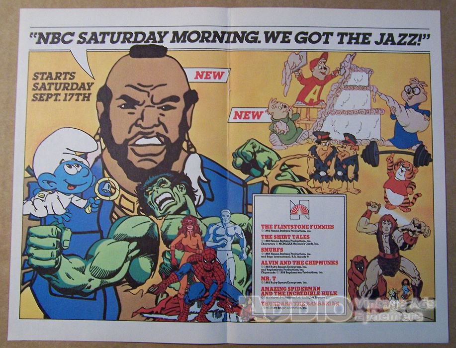 NBC Saturday morning cartoons '80s PRINT AD Thundarr MR. T Smurfs TV ...