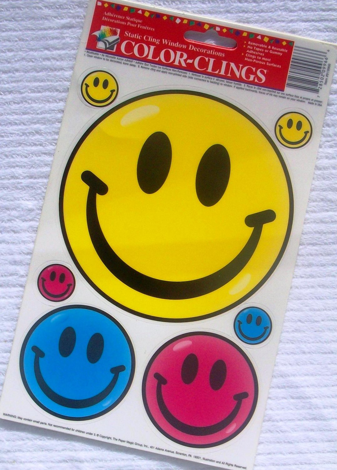 Smiley Static Cling Window Decorations, Color-Clings, Yellow, Pink, Blue