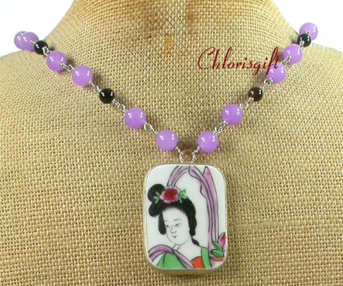 MING DYNASTY POTTERY SHARD PURPLE JADE AGATE NECKLACE