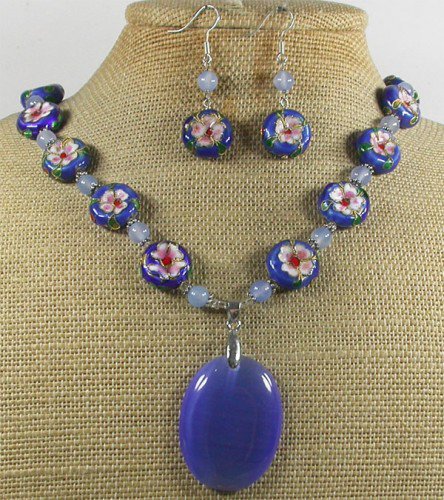 BLUE CAT EYE AGATE CLOISONNE NECKLACE/EARRINGS SET