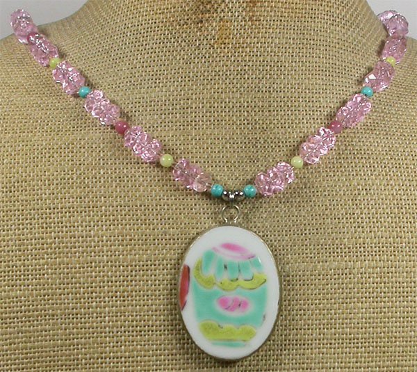 Handmade POTTERY SHARD PINK CRYSTAL TURQUOISE JADE NECKLACE