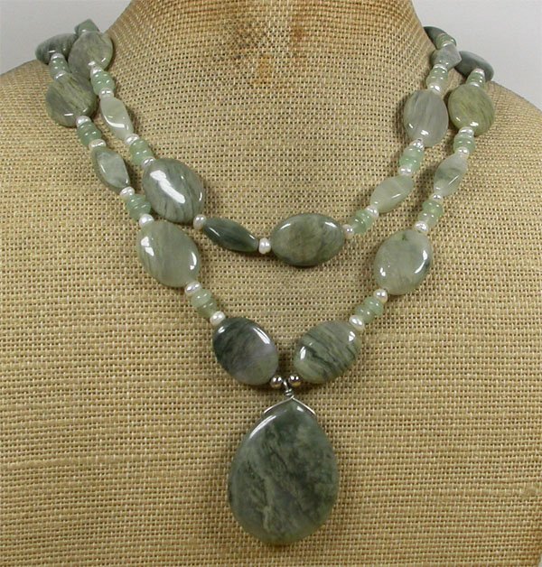 Handmade GREEN RUTILATED JASPER JADE PEARLS 2ROW NECKLACE
