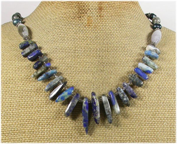 Handmade LAZULI LAPIS FANCY JASPER FRESH WATER PEARLS NECKLACE