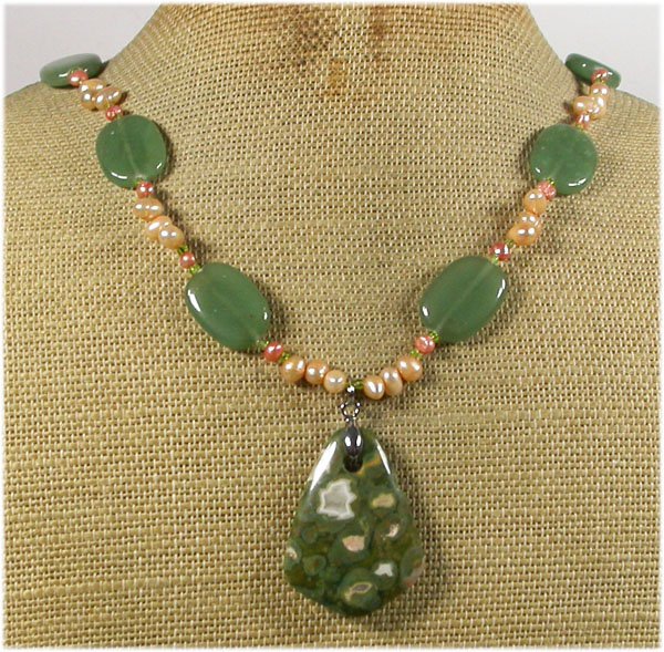 Handmade RHYOLITE GREEN JADE FRESH WATER PEARLS NECKLACE