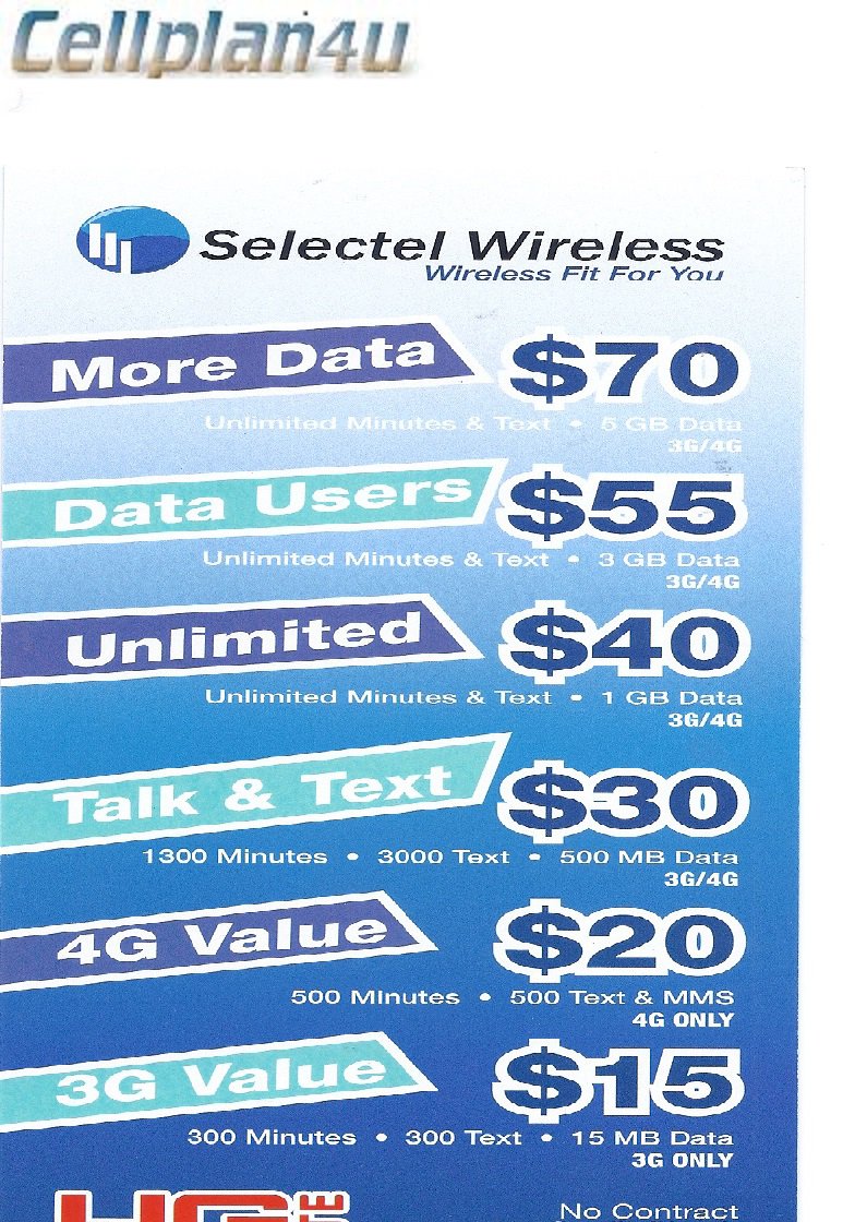 Selectel Wireless LTE triple cut sim card CDMA Plans from $25