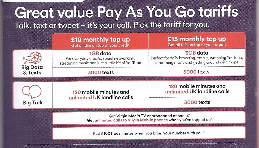 UK VIRGIN MEDIA PAY AS YOU GO TRI CUT GSM SIM CARD