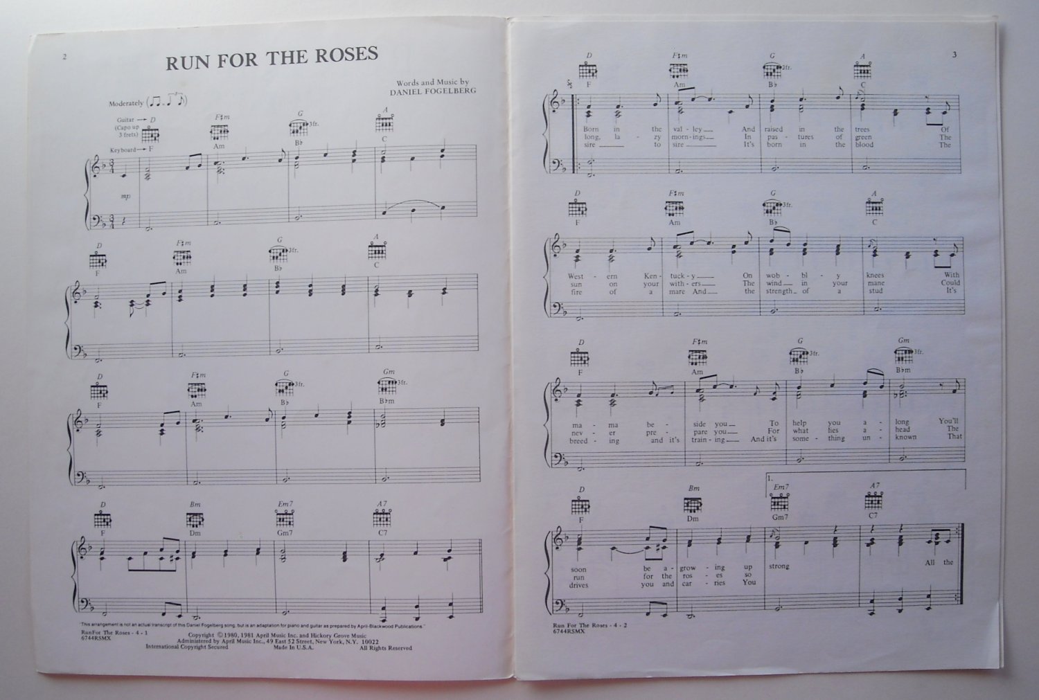 Run For The Roses By Daniel Fogelberg 1981 Sheet Music