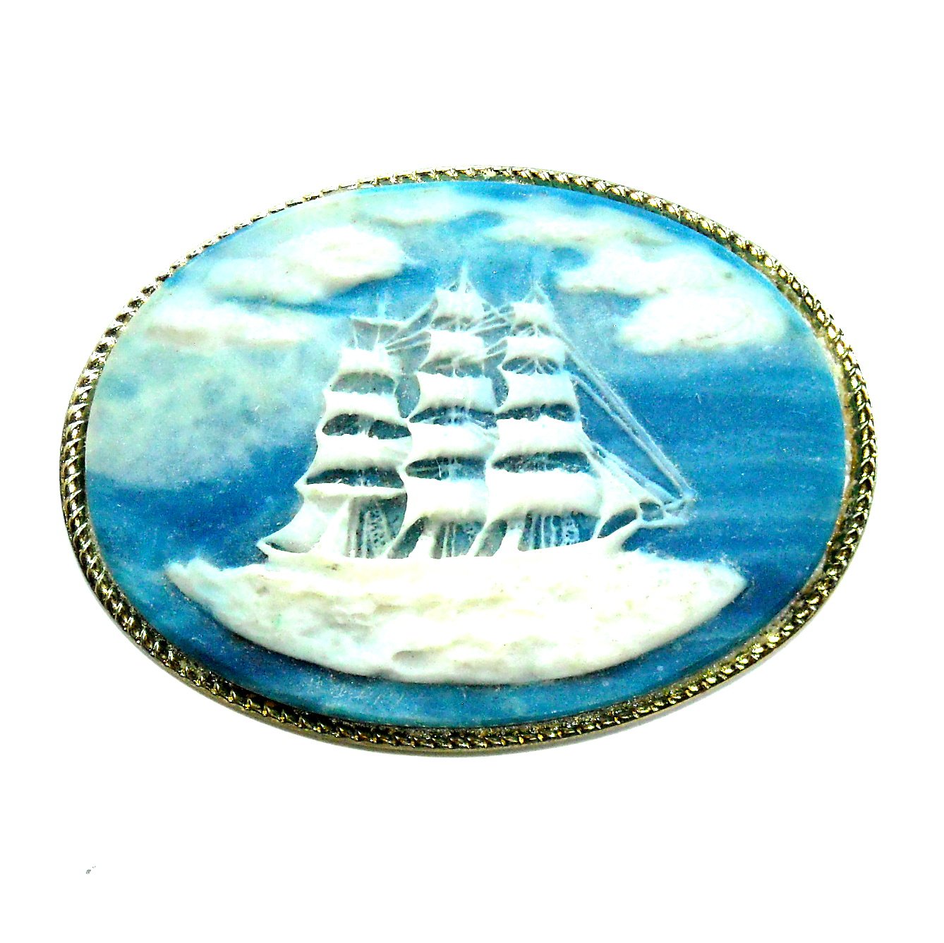 Full Rigged Ship Genuine Incolay Stone Belt Buckle