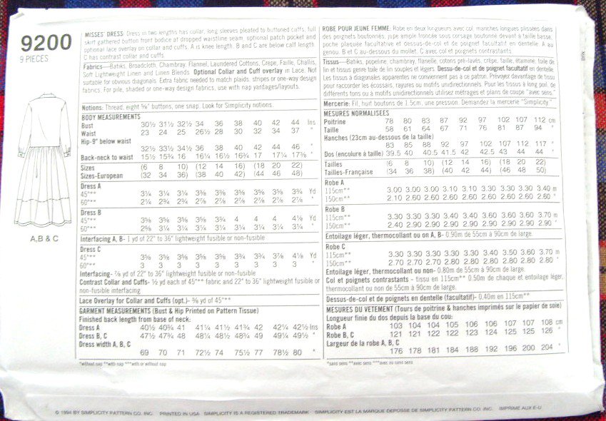 Simplicity Easy To Sew Pattern Number 9200 Size H 6, 8, 10