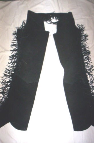 WOMENS LARGE CHAPS BLACK SUEDE SILVER ACCENTS & FRINGE